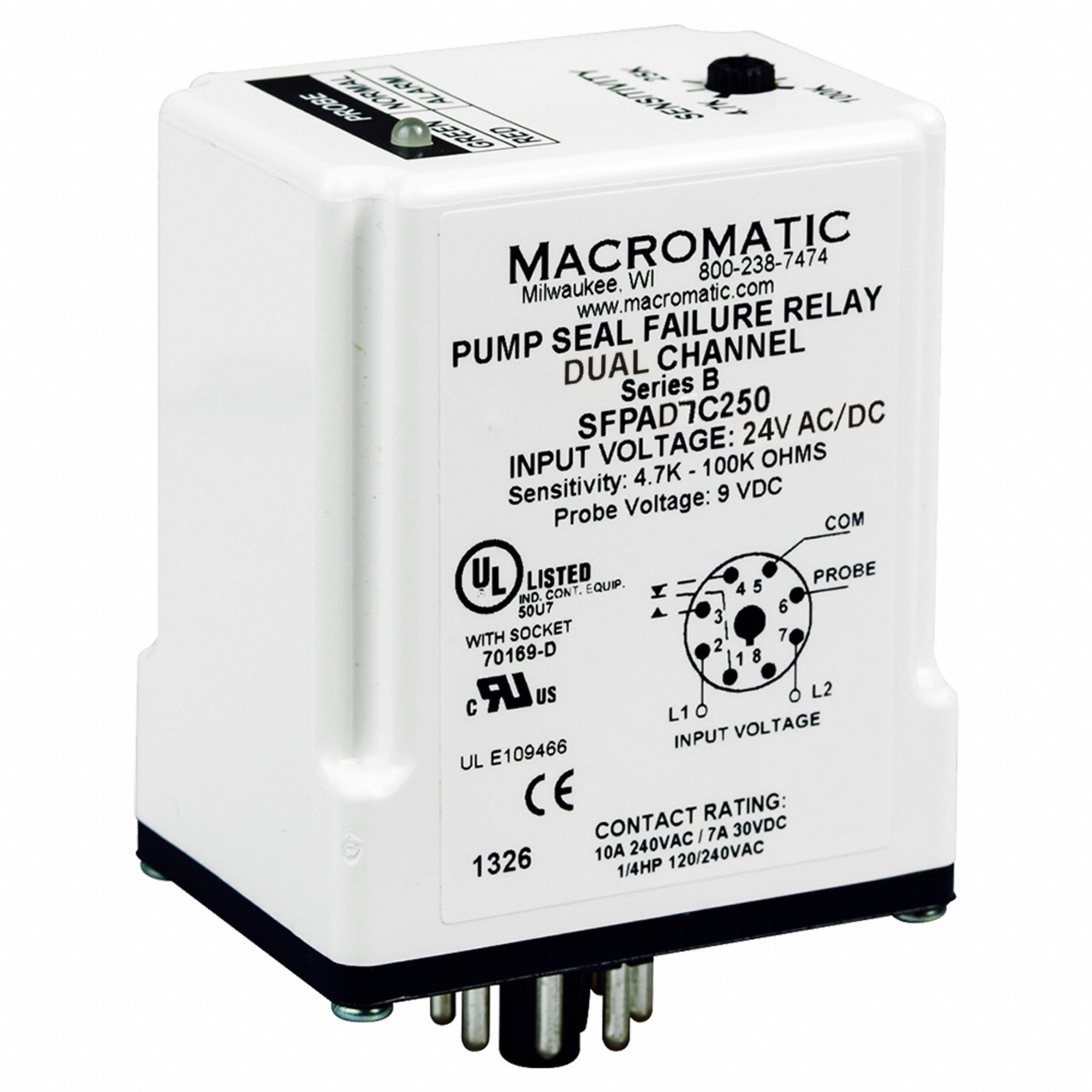 MACROMATIC, Socket Mounted, 5 A Current Rating, Seal Leak Relay ...