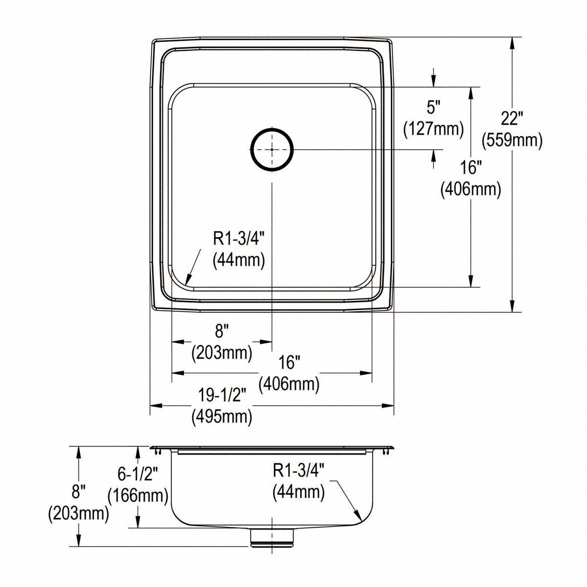 JUST MANUFACTURING, 21 in Overall Lg, 19 1/2 in Overall Wd, Bowl Drop ...