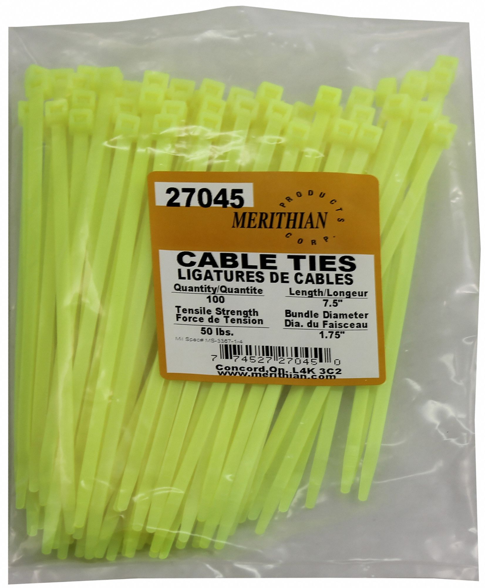 THERMAFIX CABLE TIES, NYLON 6/6, YELLOW, 0.185 IN WIDTH, 7.5 IN, 100 PK ...