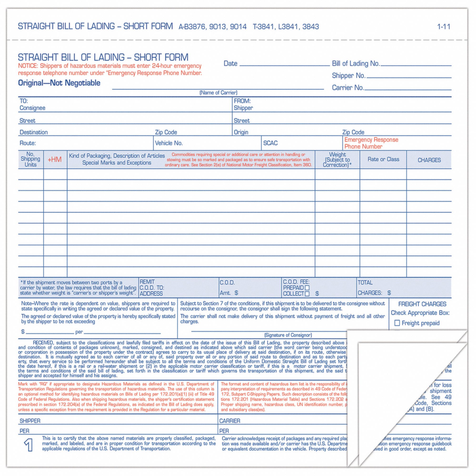TOPS, Form,Bill/Lading,Shrt,Tri,PK250 - 44PG46|L3841 - Grainger