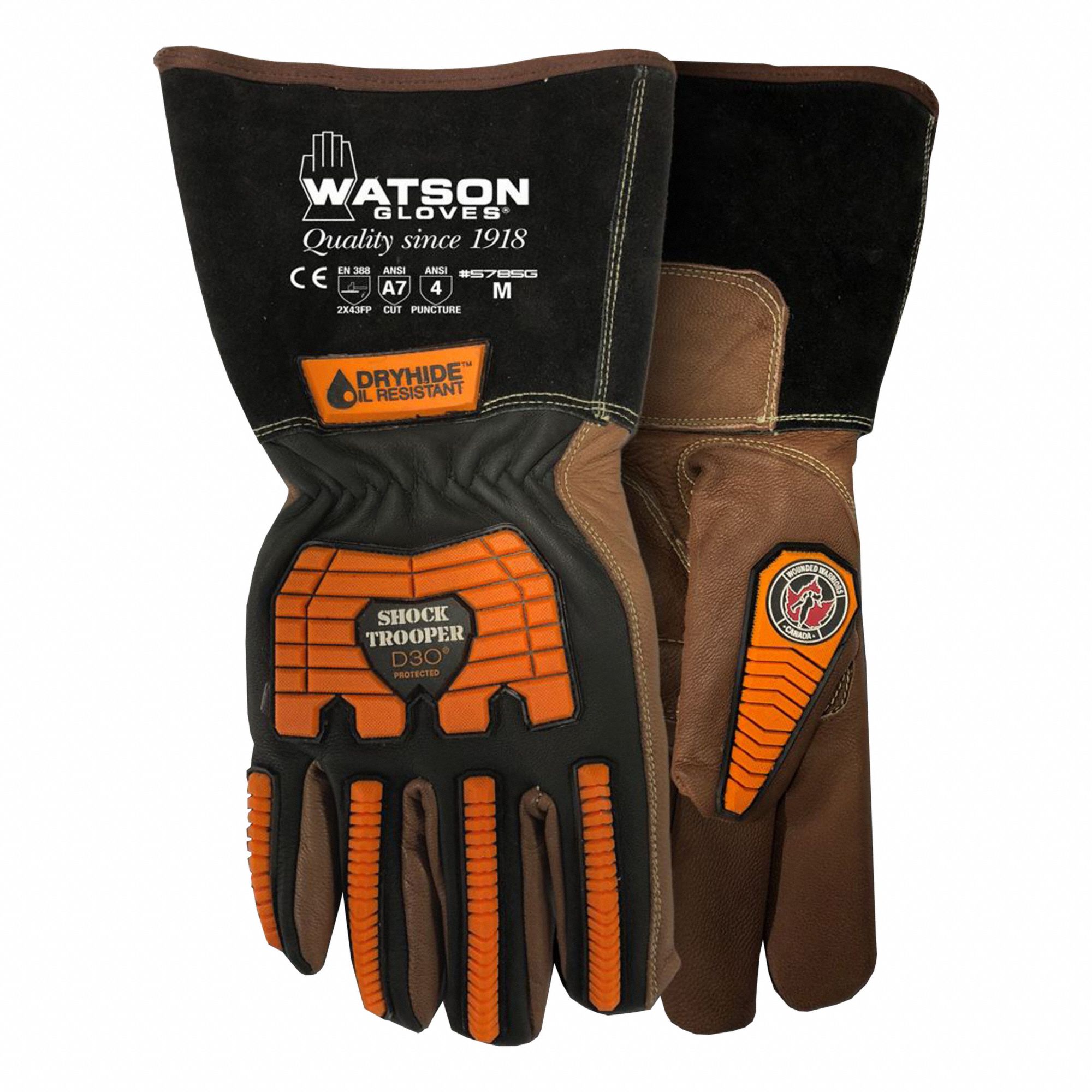 WATSON GLOVES GLOVES,IMPACT RESIST,ANTI-VIBRATION,GAUNTLET CUFF,XXXL/12,BLK/BRN,GOATSKIN/CUT ...