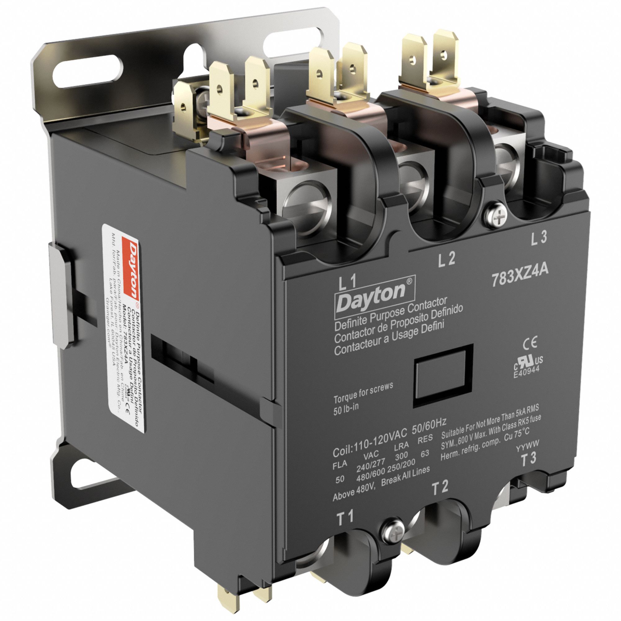 DAYTON, 3 Poles, 120V AC, Definite Purpose Magnetic Contactor - 783XZ4 ...