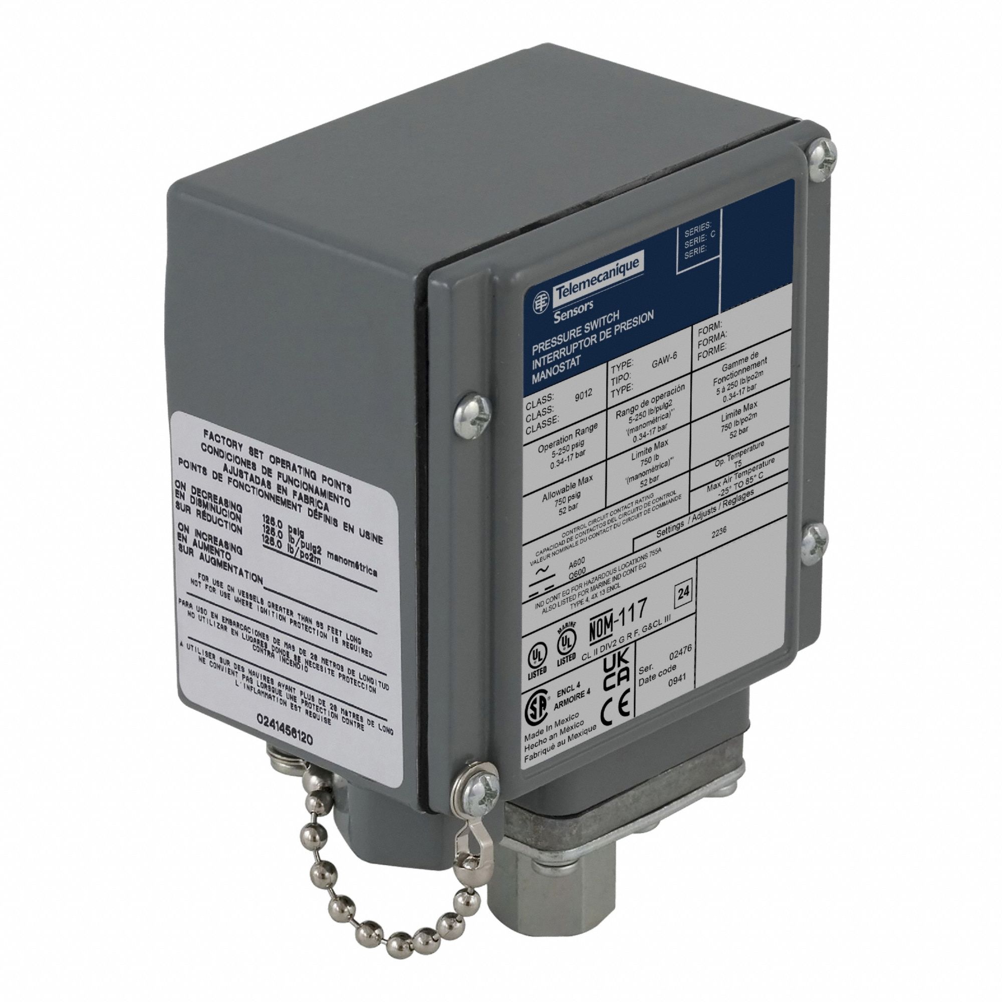 TELEMECANIQUE SENSORS, 3 psi – 150 psi, 9012G Series, Pressure Switch ...