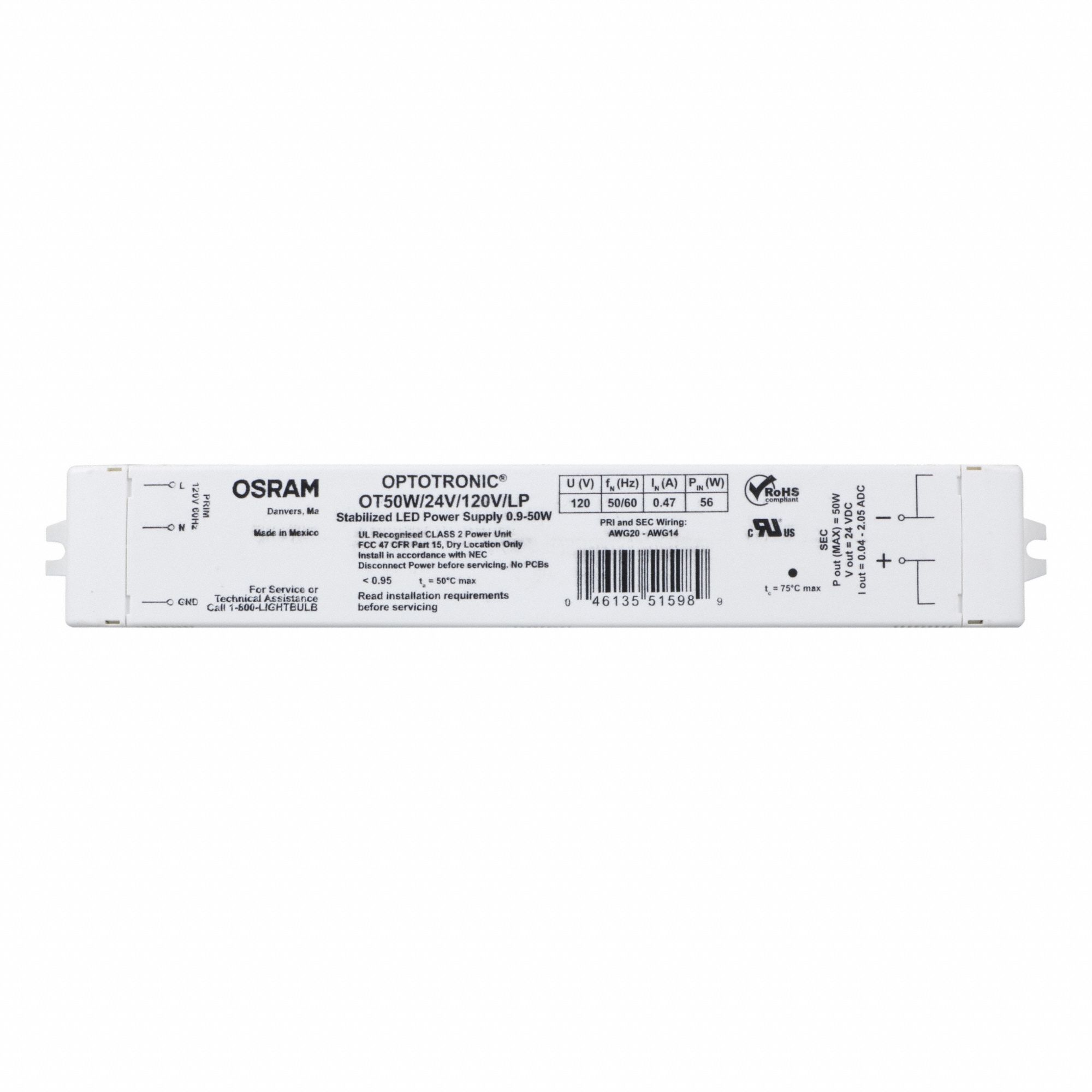 LEDVANCE, Class 2, 50 W Max. Power Output, LED Driver - 850U91|OT50W ...