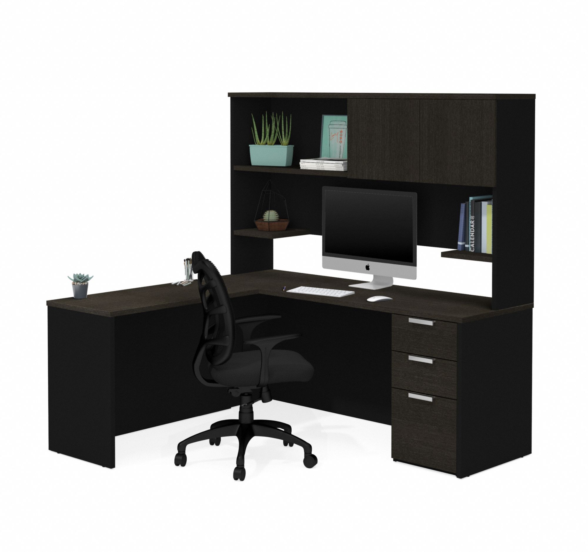 BESTAR, Black/Deep Grey, 71 1/8 in Overall Wd, L-Shaped Office Desk ...